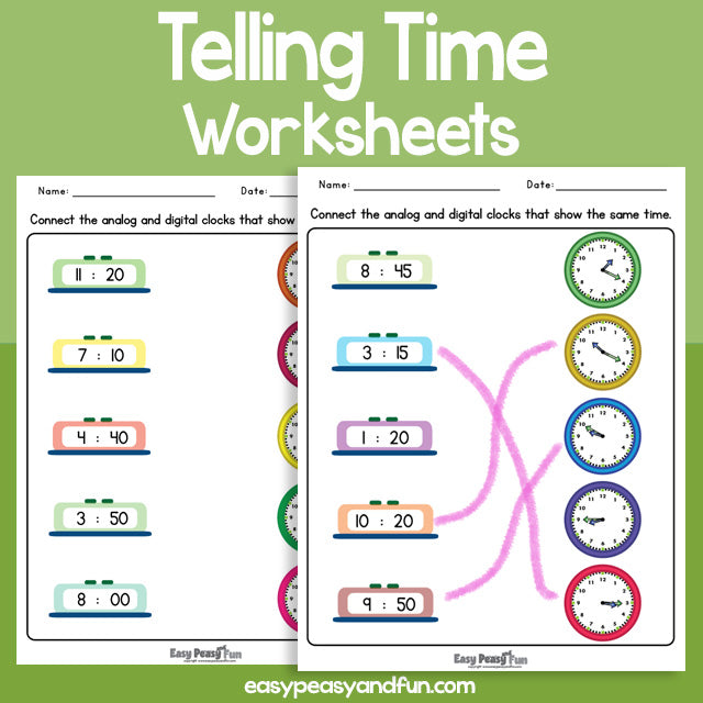 Connect The Clocks Telling Time Worksheets – EasyPeasyAndFun